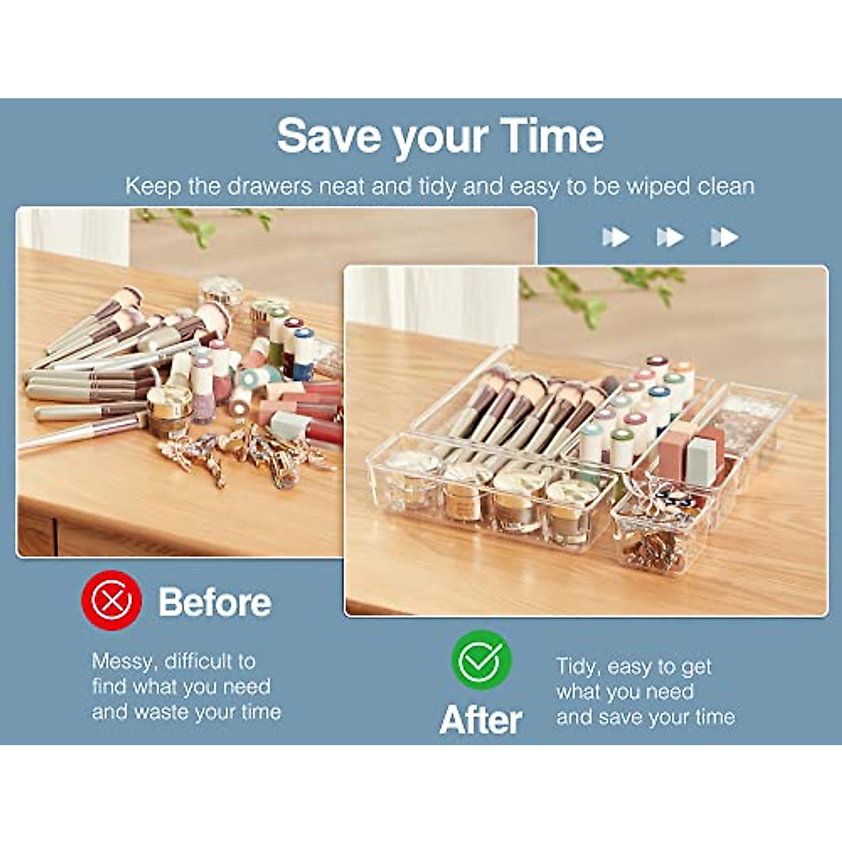 Puroma 25 PCS Drawer Organizer with Non-Slip Silicone Pads, 4-Size Versatile Vanity Drawer Storage Bins, Clear Plastic Drawer Organizer Trays, Customize Layout Organizer for Makeup and Bathroom Vanity