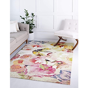 Unique Loom Lyon Collection Modern Watercolor Floral Area Rug, 9 x 12 ft, Ivory/Pink