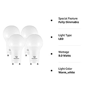 Great Eagle GU24 Led Bulb - A19 Shape, 9W (60W Equivalent), Dimmable, 2700K Warm White, UL Listed, Twist-in Light Bulb, 2 Prong Light Bulbs (4-Pack)