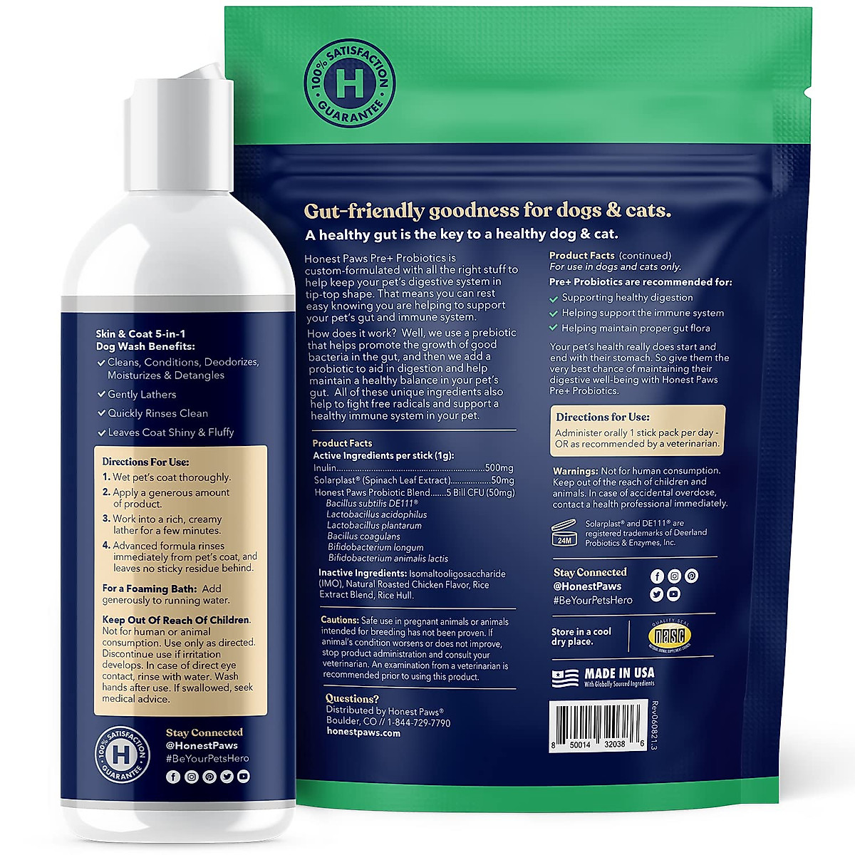 Honest Paws Dog Wash and Dog Probiotic with Prebiotic for Healthy Gut - 5-in-1 Dog Wash - Digestive and Immune Support Powder - Chicken Flavor