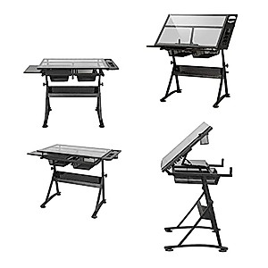 ROLTIN Drafting Tables Drawing Desk with Stool Height Adjustable Multifunctional Art Craft Artist Desk Tilt Glass Top Board Drawing Desk for Work Study Painting Craft Des