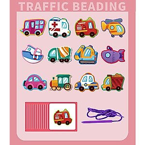 JAQI Montessori Educational Wooden Threading Stringing Toys Dinosaurs Traffic Space Insects Animals Fruits Lacing Beads Preschool Learning Toys for Toddler for Boys Girls (Traffic)