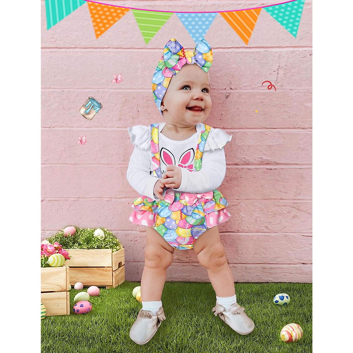 Von kilizo Easter Outfit Baby Girl My First Easter Baby Girl Outfit Bunny Print Long Sleeves Romper Baby Girl Easter Outfit Infant Easter Outfit Girl 0-3 Months