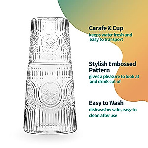 Wongblee Bedside Water Carafe and Glass Set, Vintage Borosilicate Glass Carafe with Cup, Carafe Holds 31oz, Cup Holds 10oz
