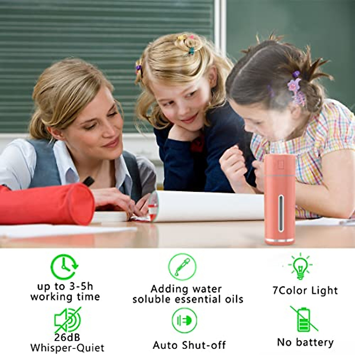 Cool Mini Humidifier Diffuser, Essential Oil Diffuser,USB Portable Desk Humidifier with 2 Mist Modes and 7-Color Lights,Waterless Auto Shut-off,for Car,Bedroom,Home,Office(Pink)