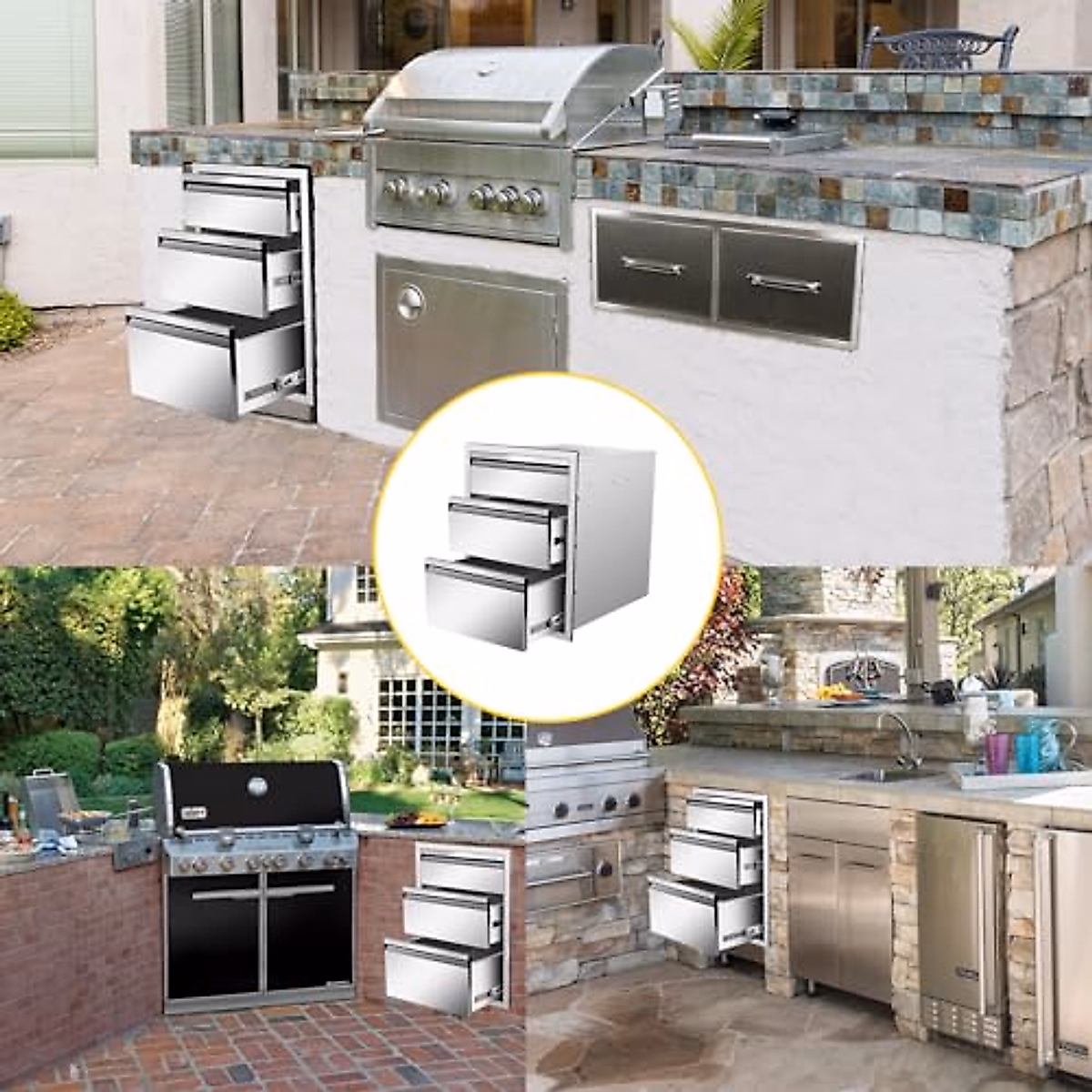 SGOLAN Outdoor Kitchen Drawers 18" W x 23" H x 23" D Flush Mount Triple BBQ Drawers with Hidden Handle Stainless Steel Drawer for Outdoor Kitchen Island, Patio Grill Station