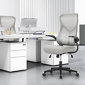 Sweetcrispy Ergonomic Office Desk Computer Chair, Comfy High Back Swivel Rolling Home Mesh Gaming Chairs with Wheels, Lumbar Support, Flip-up Arms,120°tilt for Bedroom, Study, Work, Grey