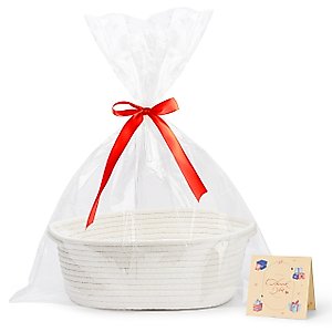 Bufims Small Woven Basket with Ribbons and Bags Durable Basket for Gifting Cute Gifts Basket 12"X 8" X 5" Small Rope Basket for Storage, White
