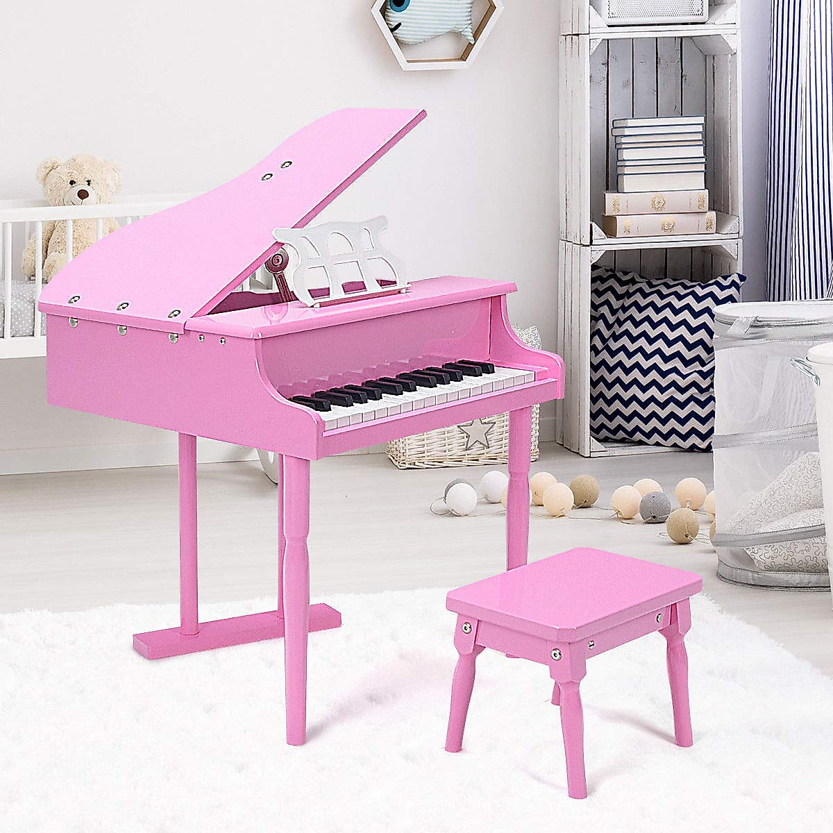Goplus 30-Key Classical Kids Piano, Mini Grand Piano Wooden Learn-to-Play Musical Instrument Toy with Bench, Piano Lid, Music Rack, Gift for Boys Girls Aged 2+ Baby Toddler (3 Straight Leg-Pink)