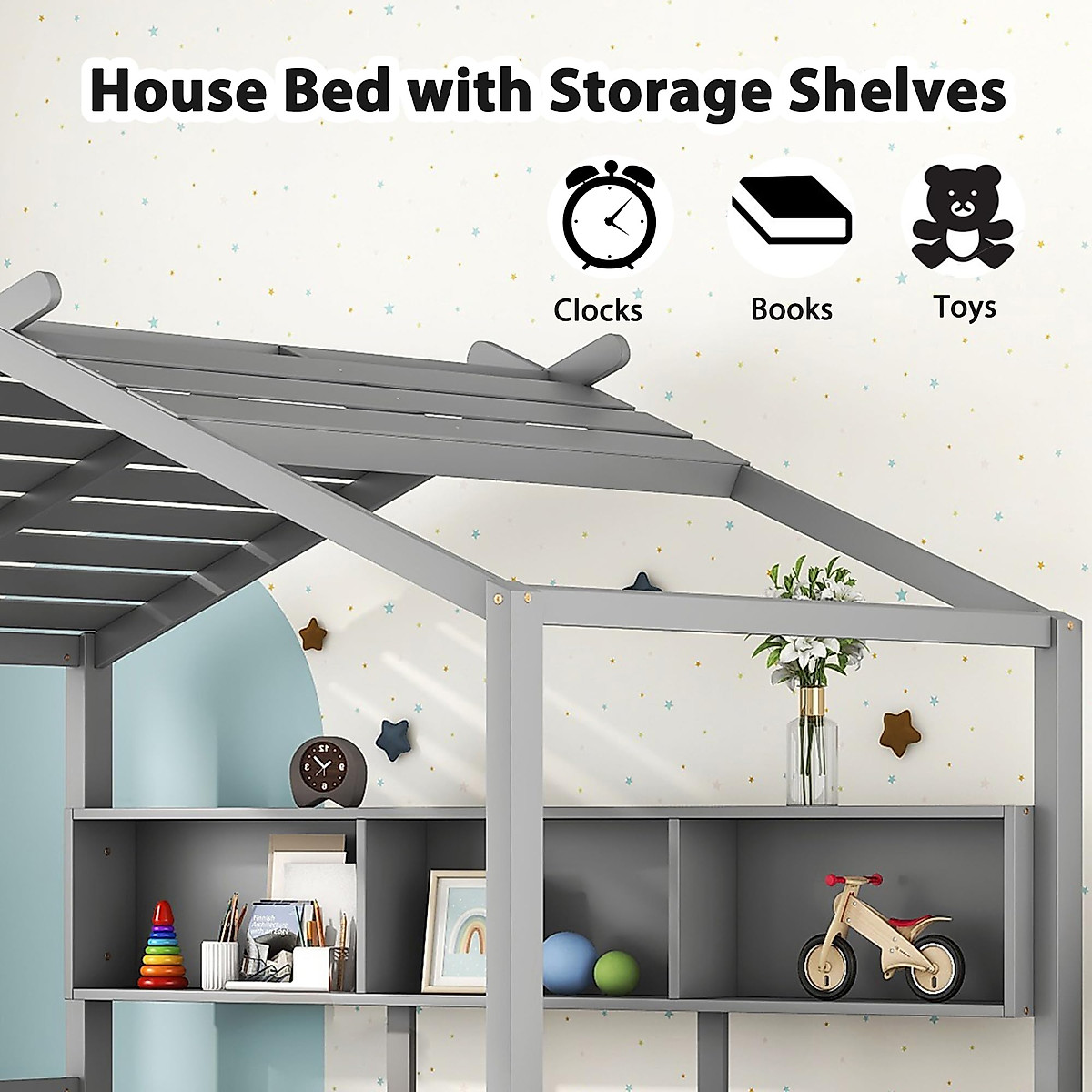 Bellemave Full Size House Bed with 2 Storage Drawers,Kids Bed with Storage Shelves,Wooden House Bed Frame for Girls,Boys,Can be Decorated,Gray
