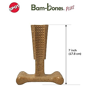 SPOT Bam-Bones Plus T Bone - Bamboo Fiber & Nylon, Durable Long Lasting Dog Chew for Aggressive Chewers – Great Toy for Adult Dogs & Teething Puppies Under 90lbs, Non-Splintering, 7in Chicken Flavor