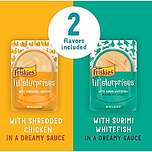 Purina Friskies Cat Food Complement Variety Pack, Lil’ Slurprises Shredded Chicken & Surimi Whitefish - (18) 1.2 oz. Pouches