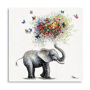 Yidepot Butterfly Elephant Wall Art Print: Colorful Heart Shaped Balloon for Kids' Nursery Wall Decor Canvas Framed Ready to Hang (12"x12"x1 Panel)