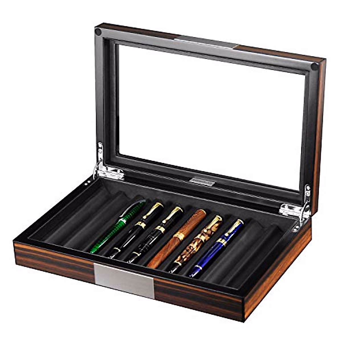 Lifomenz Co Wood Pen Display Box 10 Pen Organizer Box,Glass Pen Display Case Storage Box with Lid,Top Glass Window Pen Collection Display Case