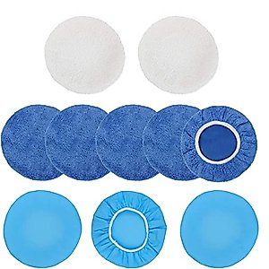 URLWALL 10PCS 9-10 inch Polisher Pad Bonnet Orbital Car Buffing Polishing Pad Cover - 5PCS Microfiber Polish Pad, 3PCS Car Wax Buffer Pads, 2PCS Woolen Fleece Polishing Bonnet for Car Waxing Machine