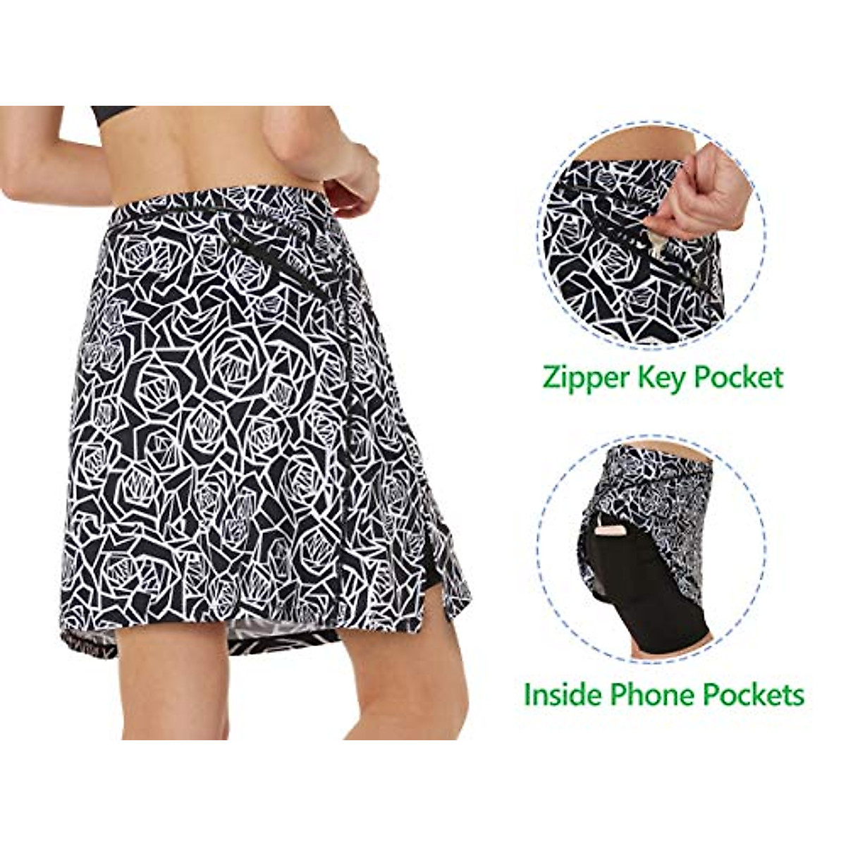 slimour Women Print Golf Skirt Travel Skirts with Pocket Swim Skirt High Waist with Shorts Black Rose XL