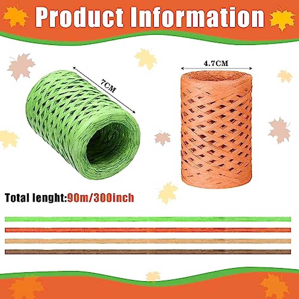4 Roll Raffia Ribbon 1200 Feet Raffia Paper Ribbon Christmas Thanksgiving Gift for Gift Wrapping, DIY Craft, 300 Feet Each Roll(Green, Orange, Deep Brown, Light Brown)