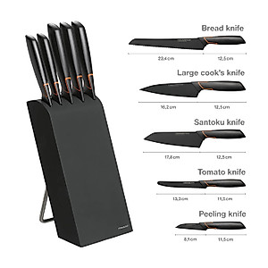 Fiskars Knife Block With 5 Knives, Width: 15.5 cm, Height: 37 cm, Birch Wood, Black, Edge, 1003099