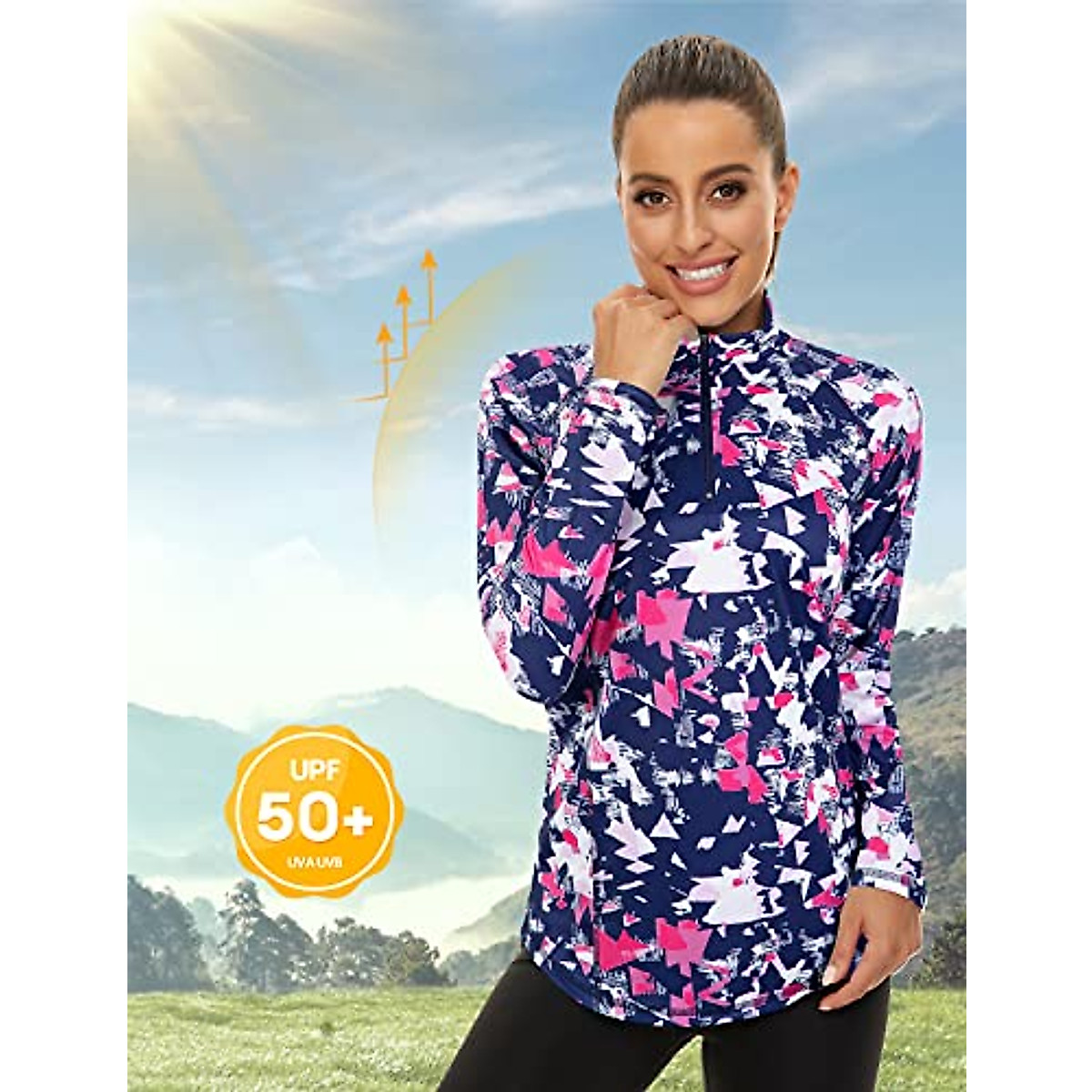 LURANEE 3/4 Zip Pullover Women's, SPF Long Sleeve Yoga Jacket, Workout & Running Activewear - Medium, Geometry Blueeink