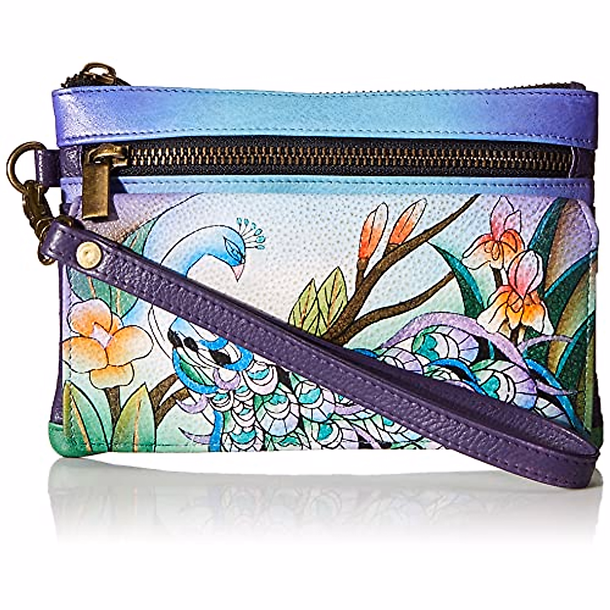 Anna by Anuschka Hand Painted Leather Wristlet Organizer Wallet | Midnight Peacock