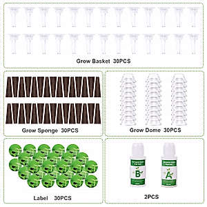 122pcs Seed Pod Kit, Hydroponics Garden Accessories for Aerogarden Growing System, Grow Anything Kit with 30 Grow Sponges, 30 Grow Baskets, 30 Grow Domes, 2 100ml Plant Food