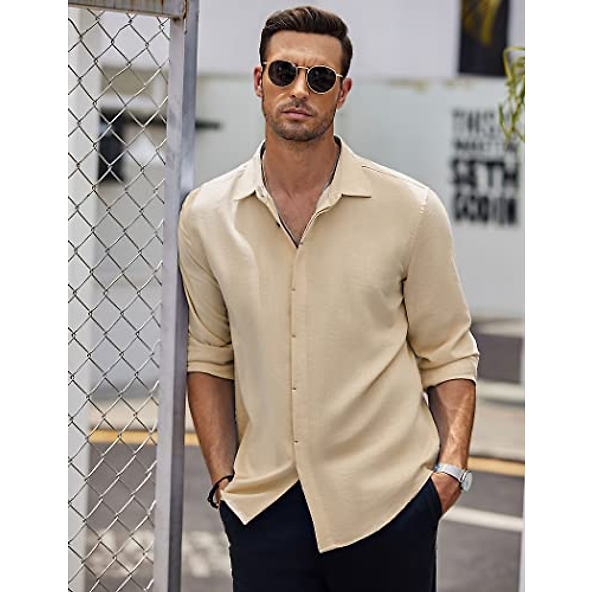 COOFANDY Men Beach Shirts Casual Cotton Linen Long Sleeve Slim Fit Summer Shirts Stone