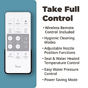 Inus R52 Korean Electric Bidet Toilet Seat, Deodorizer, Cleansing+, Wand Cleaning Heated Seat, Eco Mode, Tankless, Remote Control, Smart Home, Water & Seat Temperature Control, Elongated, White