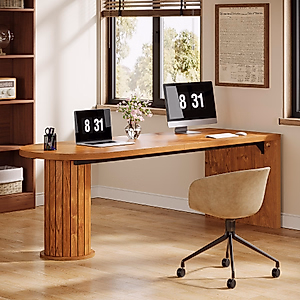Tribesigns 78.74-Inch 2 Persons Double Desk, Extra Long Ellipse Computer Desk, Wooden Home Office Desk with Cylindrical Pedestal, Industrial Study Writing Table Workstation Business Furniture
