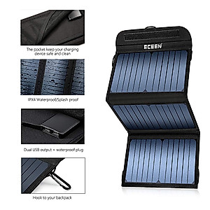 ECEEN Portable Solar Charger, 20W Solar Panel Charger for Cell Phone with Dual USB Output Waterproof Foldable Camping Solar Pnaels Survival Emergnecy Kit for Tablet GPS iPhone Camera & USB Devices