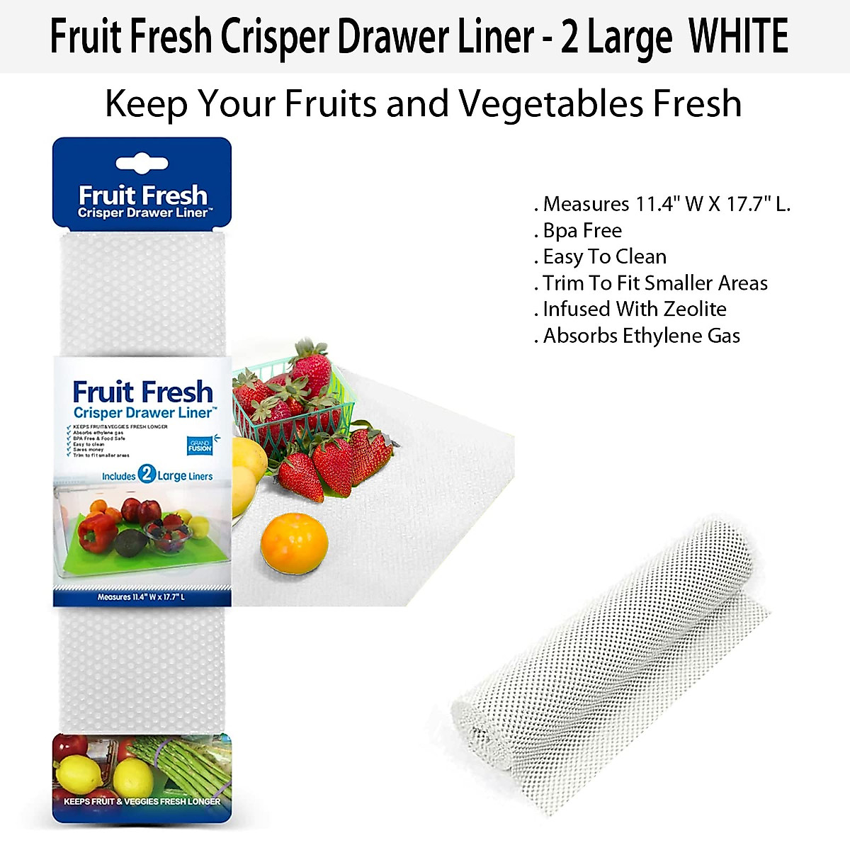 Grand Fusion Fresh Fruits Refrigerator Drawer Liner, BPA-Free Fridge Liners, Keep Your Produce Fresh and Juicy, Easy-to-Clean, Clear, Pack of 2