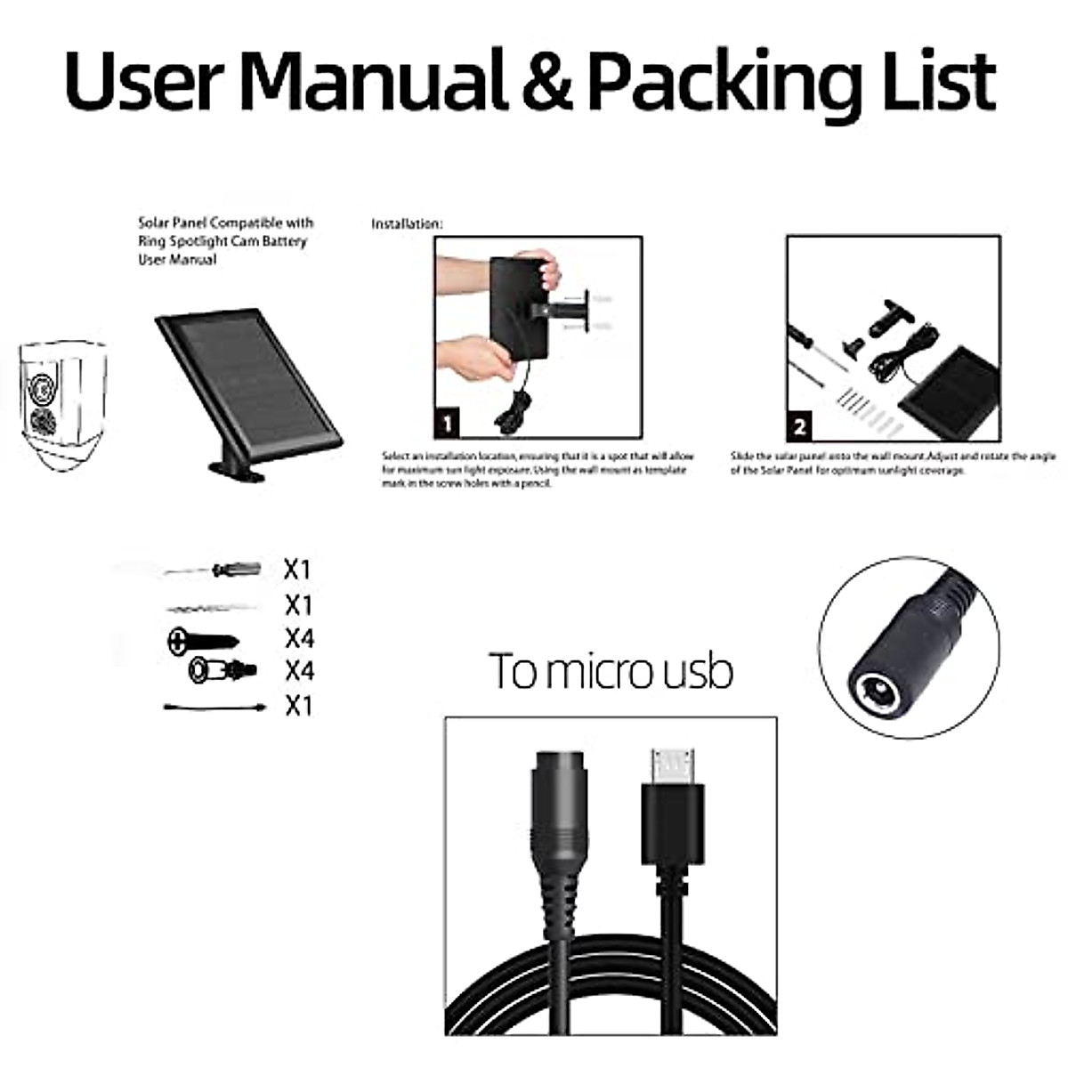 [2-Pack] Solar Panel with Wall Mount for Ring Spotlight Cam Battery, Ring Stick Up Camera Battery, Spotlight Cam Plus, Spotlight Cam Pro,Reolink Argus Pro & Blink XT/ XT2 Outdoor Security Camera