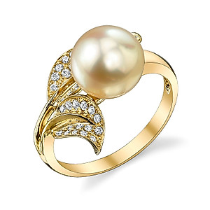 The Pearl Source 18K Gold 9-10mm Round Genuine Golden South Sea Cultured Pearl & Diamond Eva Ring for Women