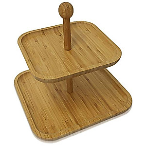 Decorative 2-Tier Square Bamboo Serving Tray with Wooden Handle - Cupcake Stand - Home Decor for Kitchen Counter, Dining Room Table, and Coffee Bar - 9.5" x 9.5" x 10"