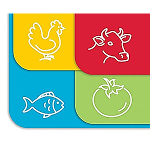 Extra Thick Flexible Plastic Cutting Board Mats, Set of 4, Color Coded with Food Icons, Waffle Back Grip Underside by Better Kitchen Products
