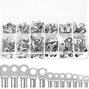 170 Pieces Copper Battery Cable Ends 12 Sizes Battery Wire Lugs Eyelets Tubular Ring Terminal Connectors SC Terminals for Automotive Supplies AWG4, AWG6, AWG8, AWG10, AWG12 (Silver)