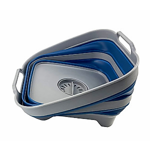 SAMMART 10L (2.6 gallons) Collapsible Plastic Dishpan with Draining Plug - Portable Washing Tub/Basin - Foldable Tub - Space Saving Kitchen Storage (Grey/Mist Blue)