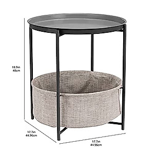 Amazon Basics Round Storage End Table, Side Table with Cloth Basket, Charcoal/Heather Gray, 17.7 x 17.7 x 18.9 in