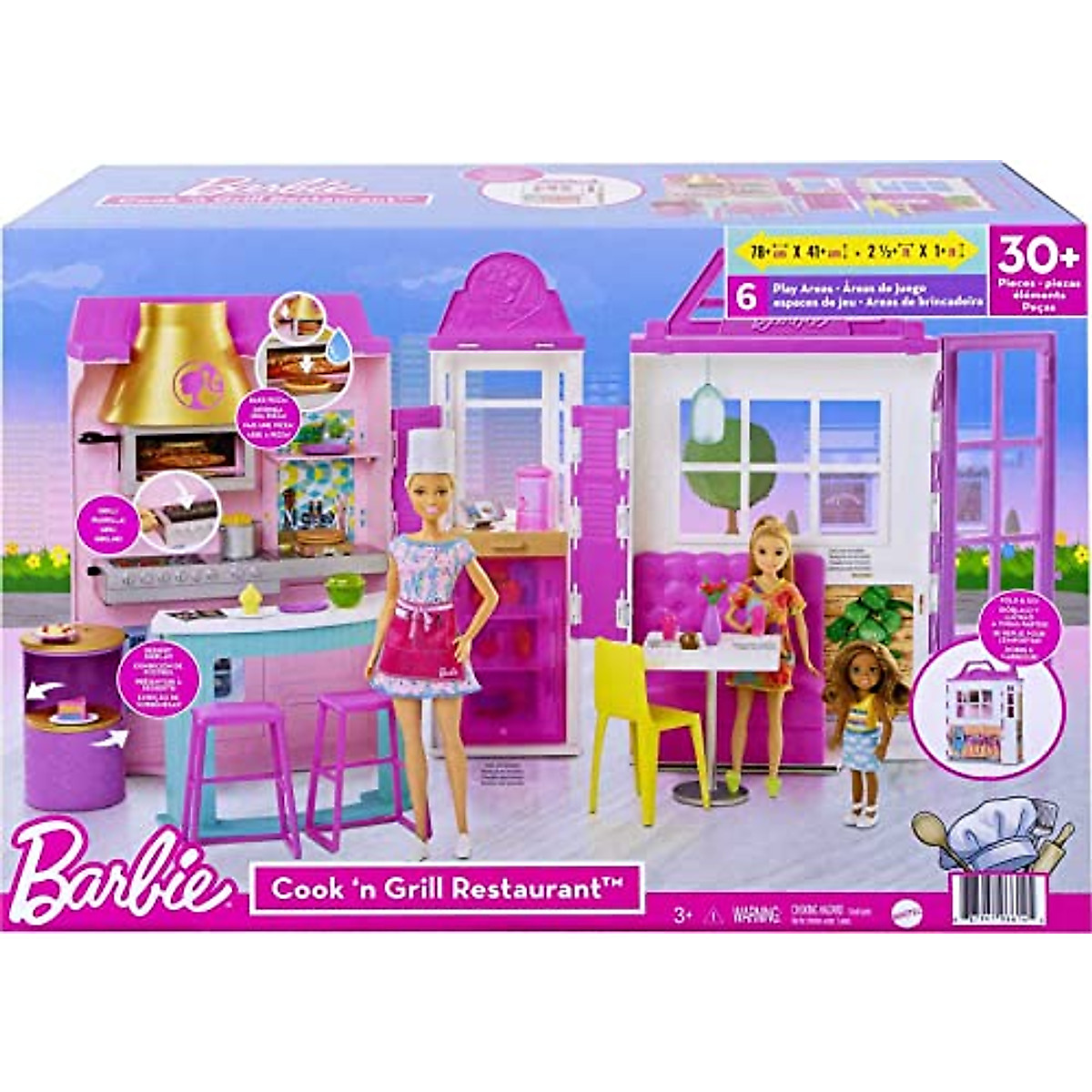 Barbie Cook ‘n Grill Restaurant Playset with 30+ Pieces & 6 Play Areas Including Kitchen, Pizza Oven, Grill & Dining Booth, Gift for 3 to 7 Year Olds