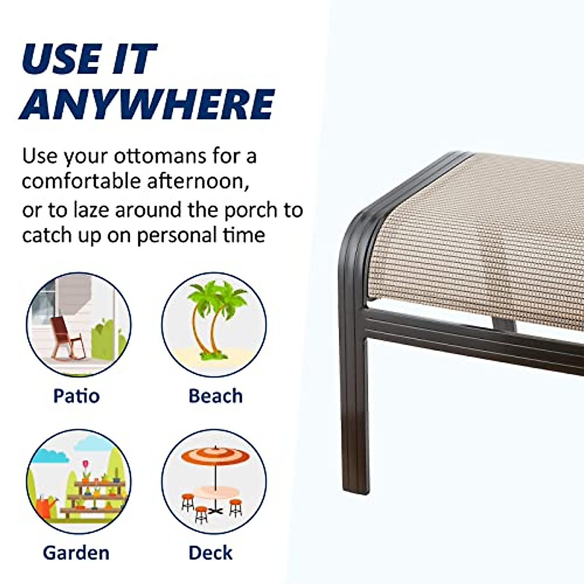 Deugold Outdoor Patio Ottoman Seat Textilene Portable Metal Footstool Portable Footrest Patio Chairs 2 Set Beige