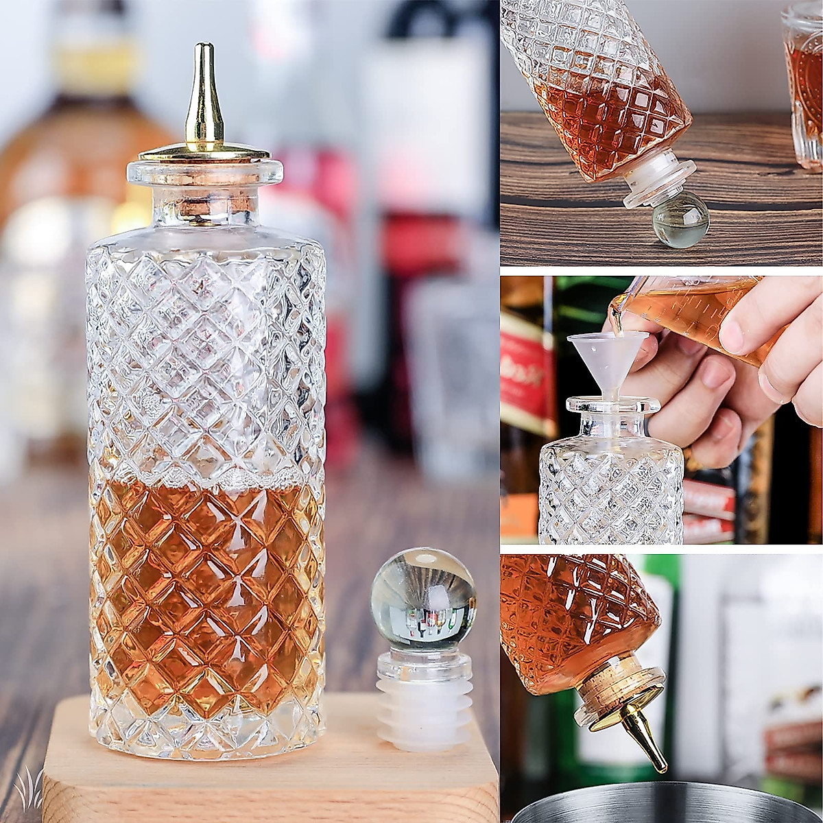 Bitters Bottle - Set of 6 Glass Dasher Bottles with Tray Barware Set for Home Bar Bartender