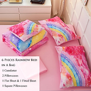 ANGIYUIN Rainbow Twin Size Comforter Set for Girls 6 Pieces Sparkle Tie Dye Pink Girls Bedding Comforter Sets Galaxy Kids Bed Comforter Sets Gradient Glitter Soft Bed in A Bag with Sheets