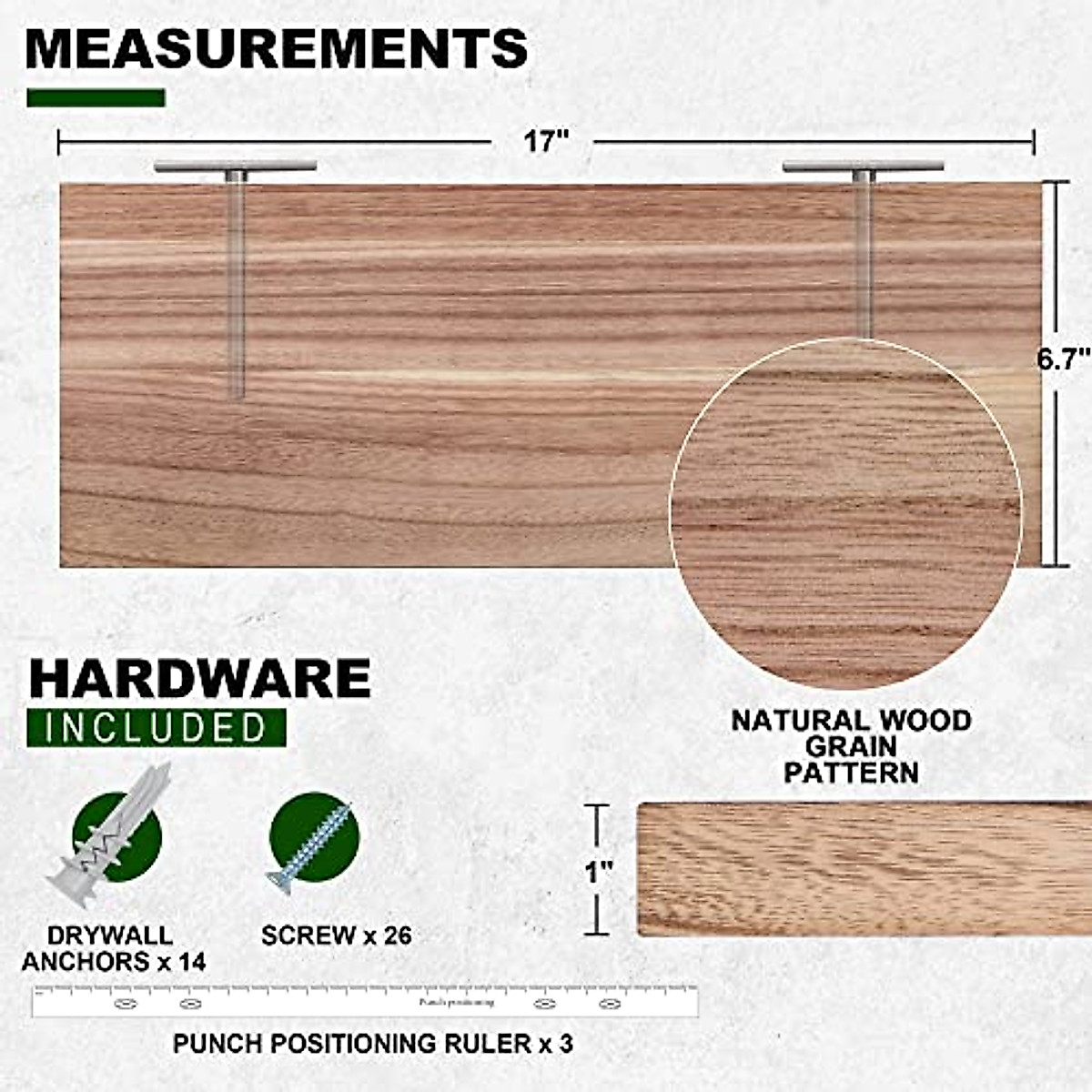 Floating Shelves, 17 Inch Wall Shelf Set of 3, Rustic Wood Shelves for Wall Storage, Wall Mounted Wooden Display Shelf for Bathroom Bedroom Kitchen Garage, Carbonized Black