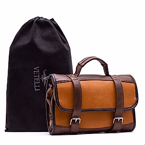 Vetelli Foldable Hanging Leather Travel Toiletry Bag for Men with 2 Zippered Internal Pockets, 2 Snap-Fastened Internal Pockets, and Hanging Hook