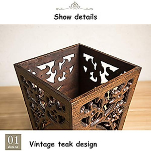 Liex- Waste Paper Basket Kitchen Trash Can, Multi-Functional Teak with Card Strip (Retro Waste Bin Flower Bucket Storage Box), Suitable for Bedroom Hotel (Size: 15 × 20 × 24cm)