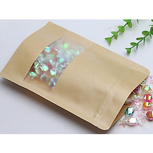 PQZKLDP 100pcs Assorted-Size Kraft Paper Bags with Matte Windows Reusable Smell Stand Up Pouches Bakery BagsFood Candy Coffee Tea Spice Sample Storage Sealable Bags for Small Business Packaging
