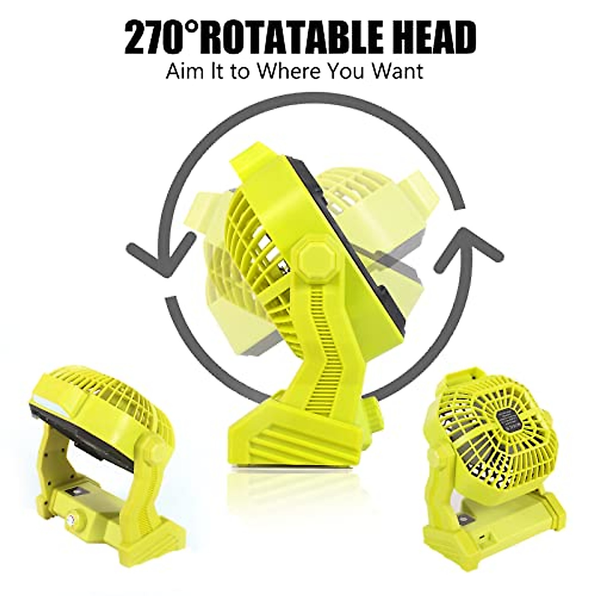 Camping Fan Rechargeable,Portable Battery Operated Fan with Light & Hook,Personal USB Small Desk Tent Fan 270°Head Rotation & Stepless Speed for Camping Accessories, Bedroom, Table, Tent, Travel