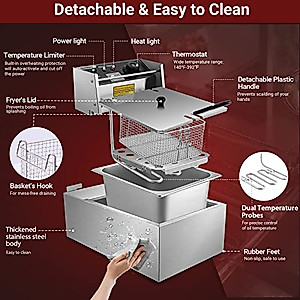 6.34Qt Deep Fryer with Basket for Restaurant or Home Use, Stainless Steel Commercial Countertop Single Tank Oil Frying Pot with Temperature Control & Timer, Perfect for Fried Chicken, Nuggets & Fries