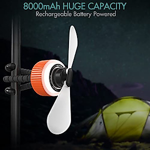 Portable Camping Ceiling Fan with Lights and Remote, 8000mAh Rechargeable Battery Powered Fan with 3 Speeds, Small Tent Fan with Flexible Tripod, USB Outdoor Fan for RV Gazebo Travel Patio Umbrella