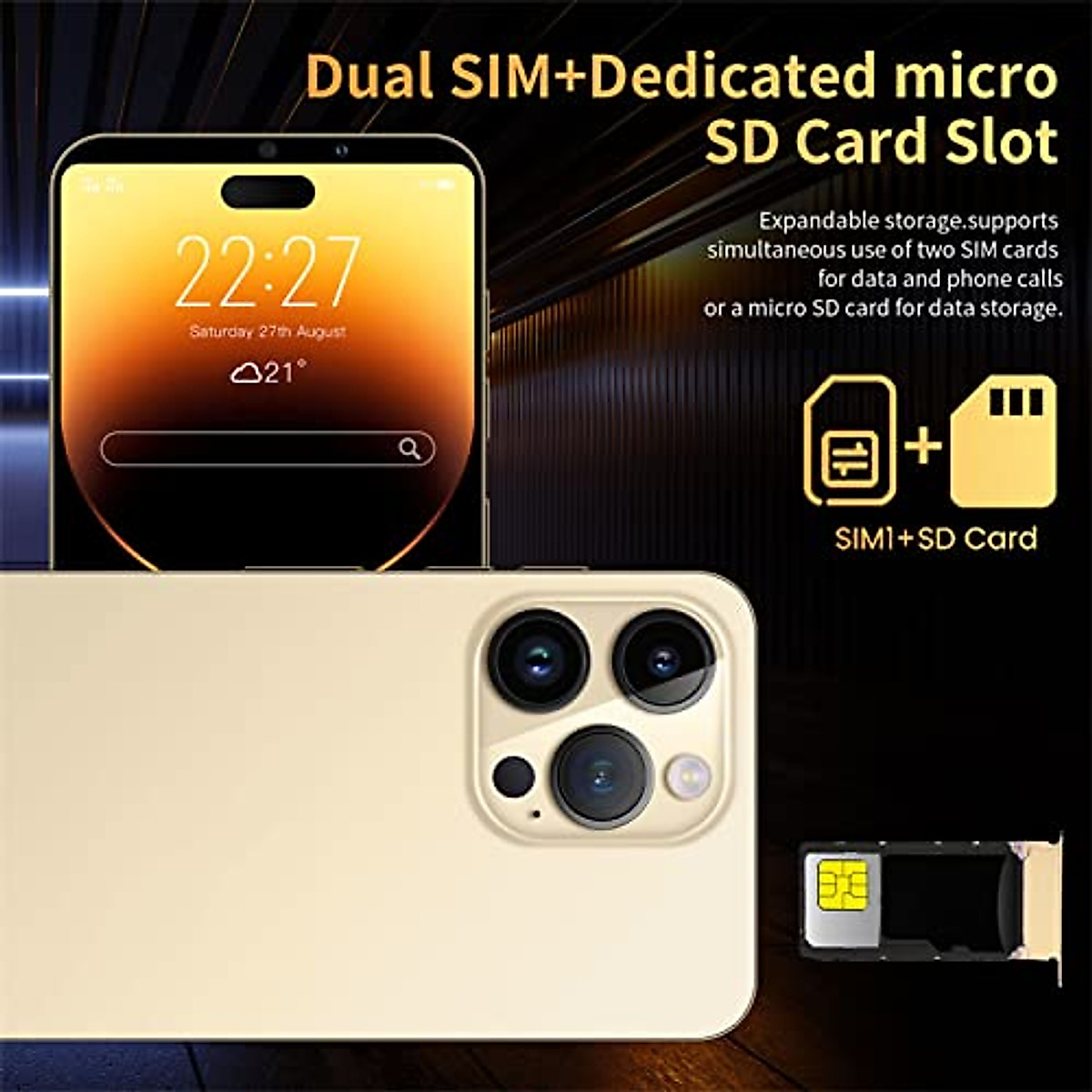 Unlocked Smartphone, I14pro 6.1 Inch Full Screen 5G WiFi Mobile Phone, Face Unlock Cellphone, 4GB RAM 64GB ROM 128GB Expandable, MT6889 10 Core CPU, 7000 Mah Battery