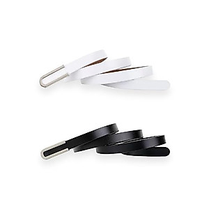 Women's Belt Fashion Skinny Slim Soft Genuine Leather Belts Waistband Thin Waist Belt Silver Chrome Color Alloy Buckle, 2-Pack, Black & White, For Waist 28"- 34", Women Size S-M, 4-6